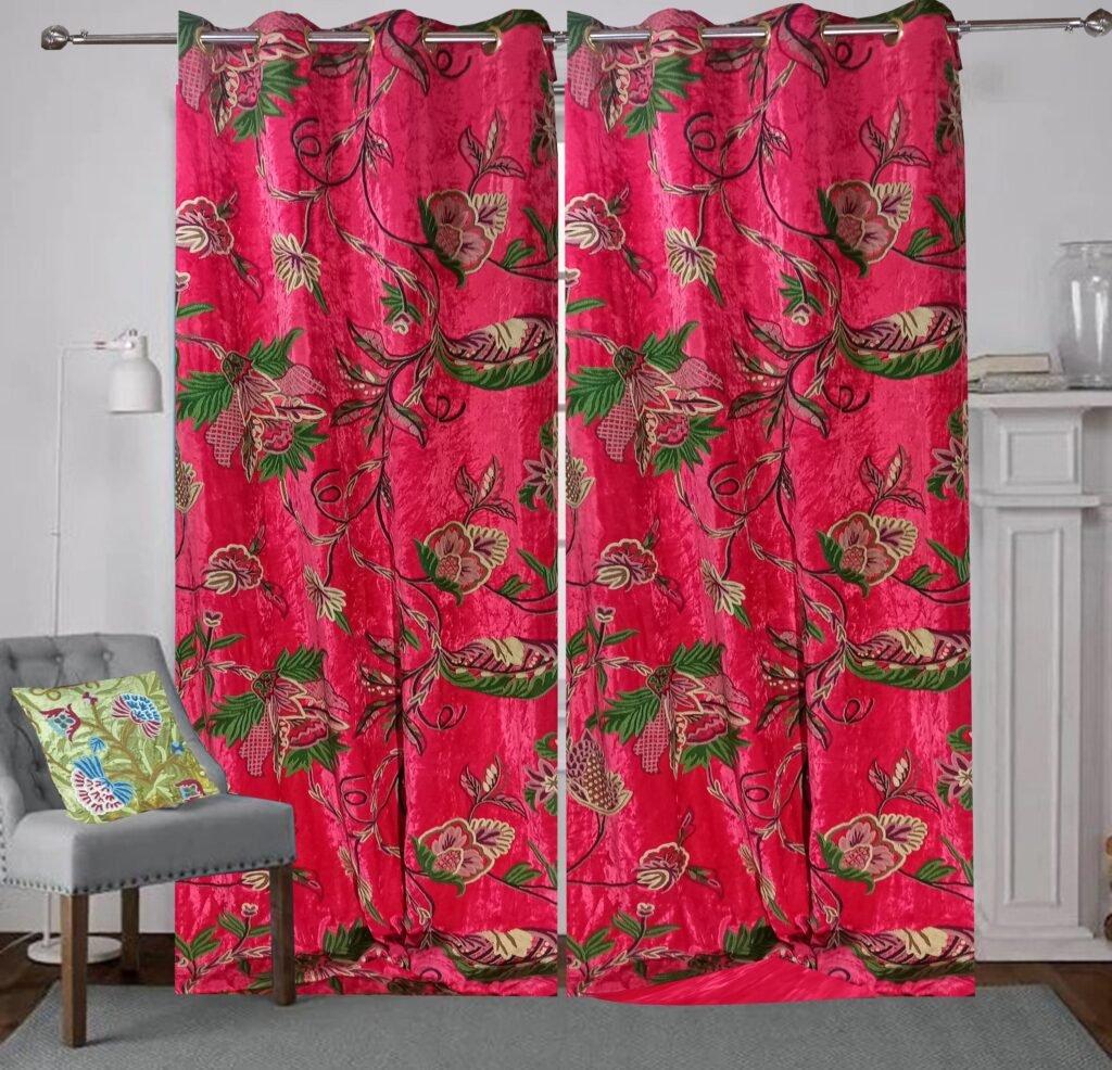 Red velvet floral embroidery crewel curtain with lining – Kashmir ...