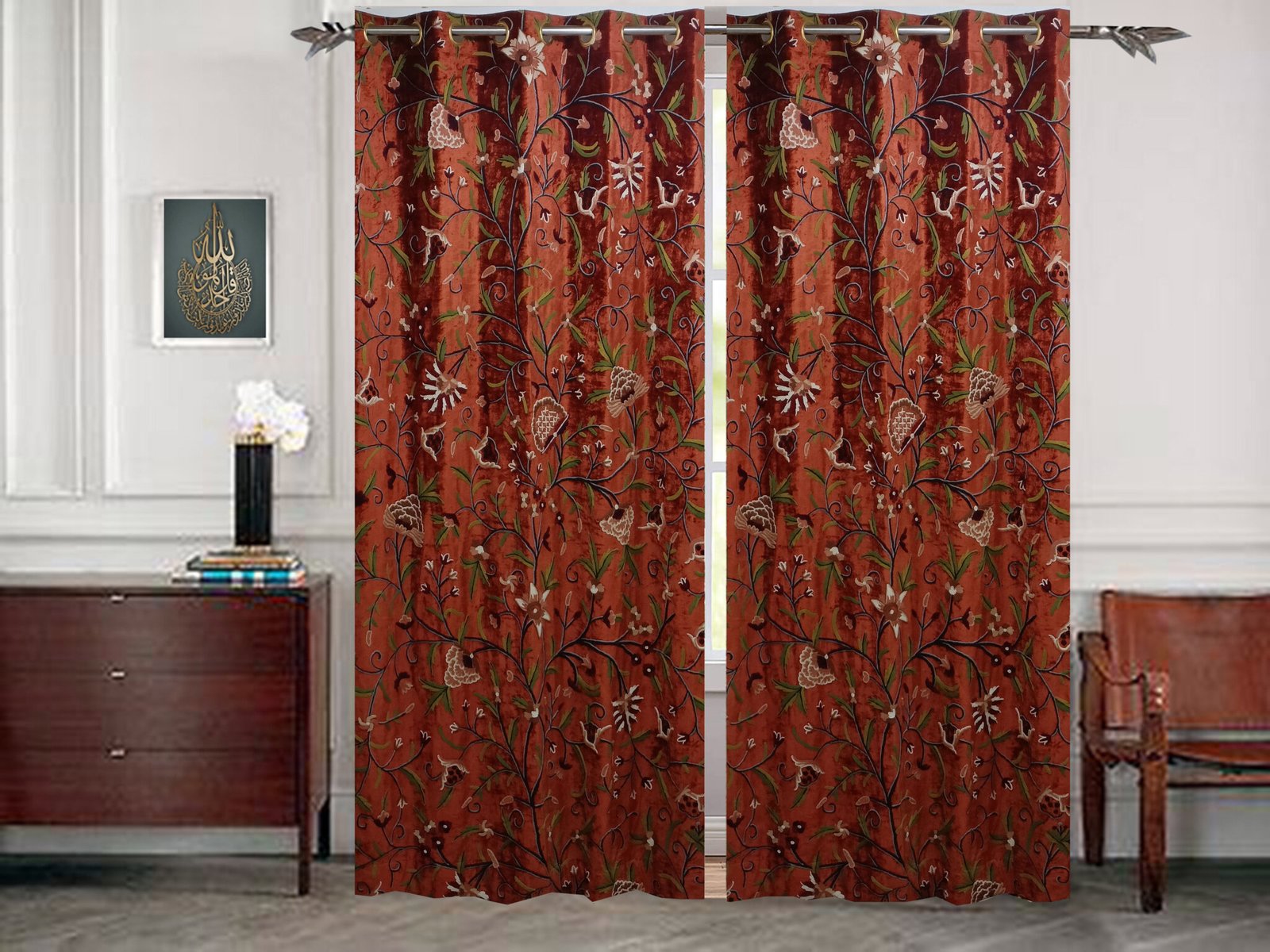 One Pair of Luxury Princeton Rust Velvet Crewel Curtain with Lining ...
