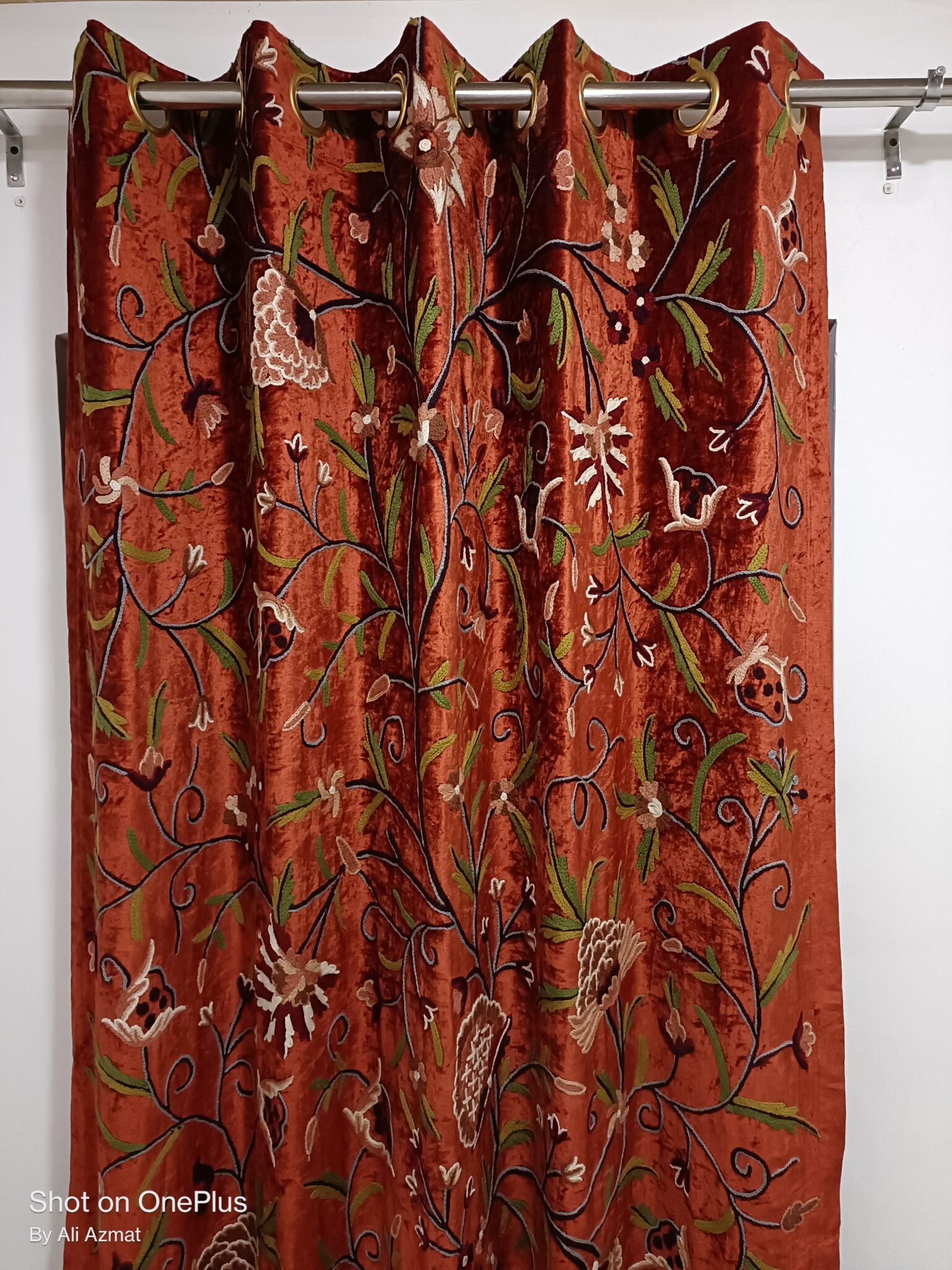 One Pair of Luxury Princeton Rust Velvet Crewel Curtain with Lining ...