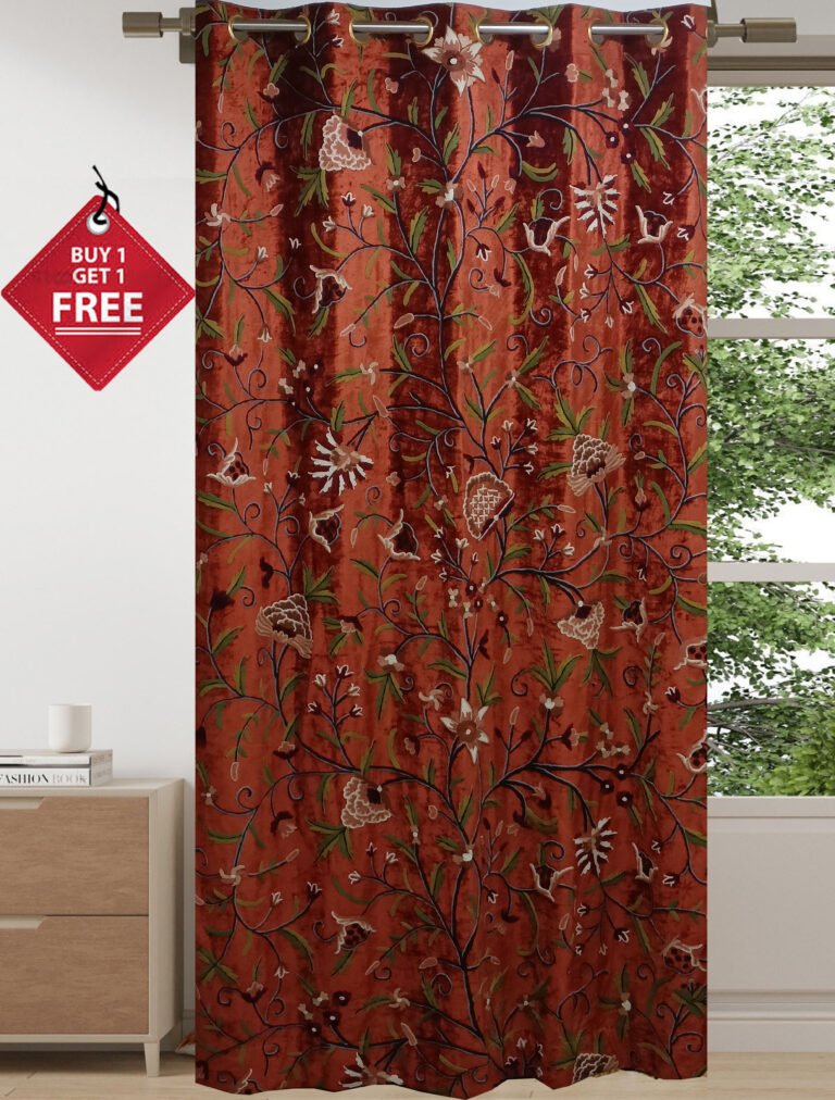 One Pair of Luxury Princeton Rust Velvet Crewel Curtain with Lining ...