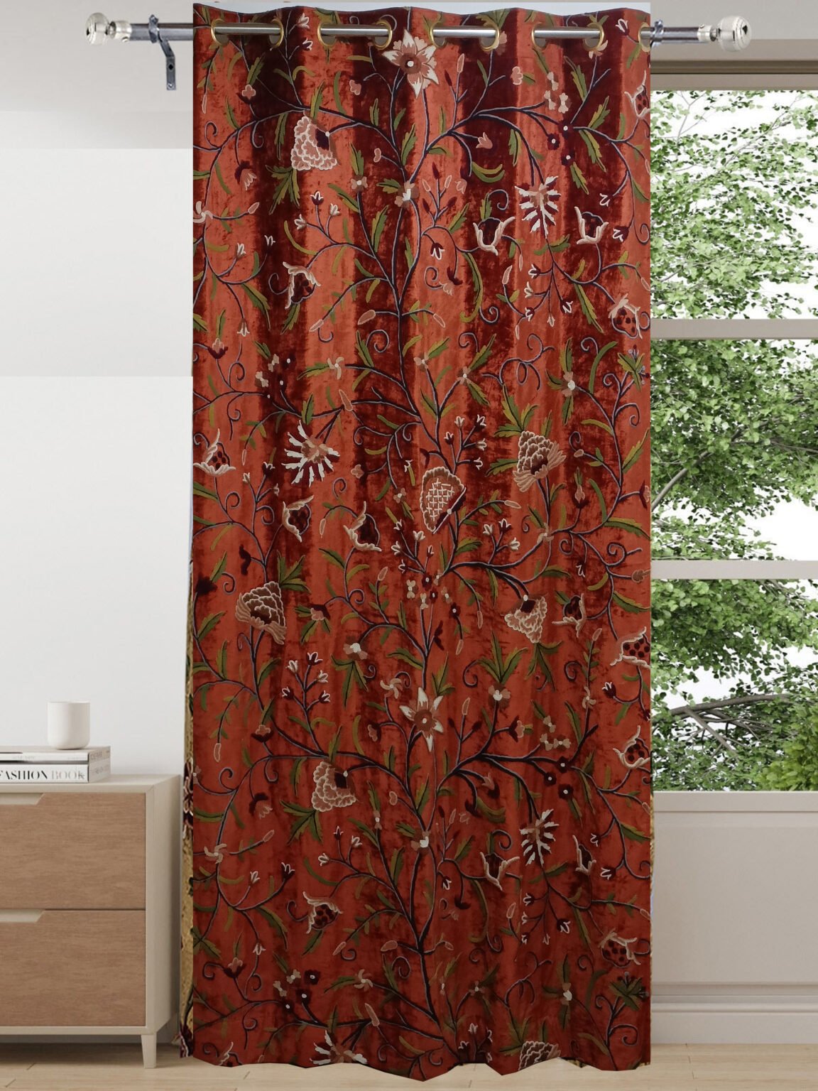 One Pair of Luxury Princeton Rust Velvet Crewel Curtain with Lining ...